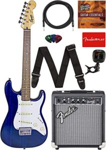 fender squier 24-inch short scale strat pack - transparent blue bundle with frontman 10g amplifier, instrument cable, strap, picks, online lessons, and austin bazaar instructional dvd