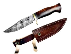 custom handmade damascus steel hunting survival knife with leather sheath edc 10.25" overall walnut wood handle and brass guard