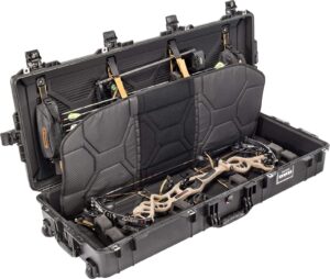 black pelican 1745 air bow case with custom interior & 2 tsa locking latches.