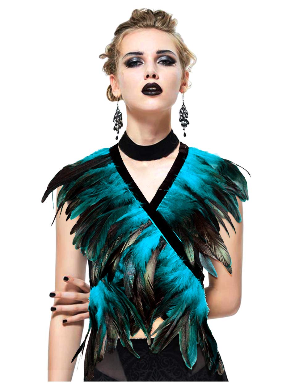 L'VOW Feather Boa Ribbon Punk Gothic Shawl Crow Witch Costume for Halloween(Acid blue)