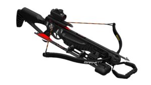 barnett blackcat recurve crossbow hunting package, with red dot sight, 2 arrows, lightweight quiver, shoots 260 feet per second, black strike