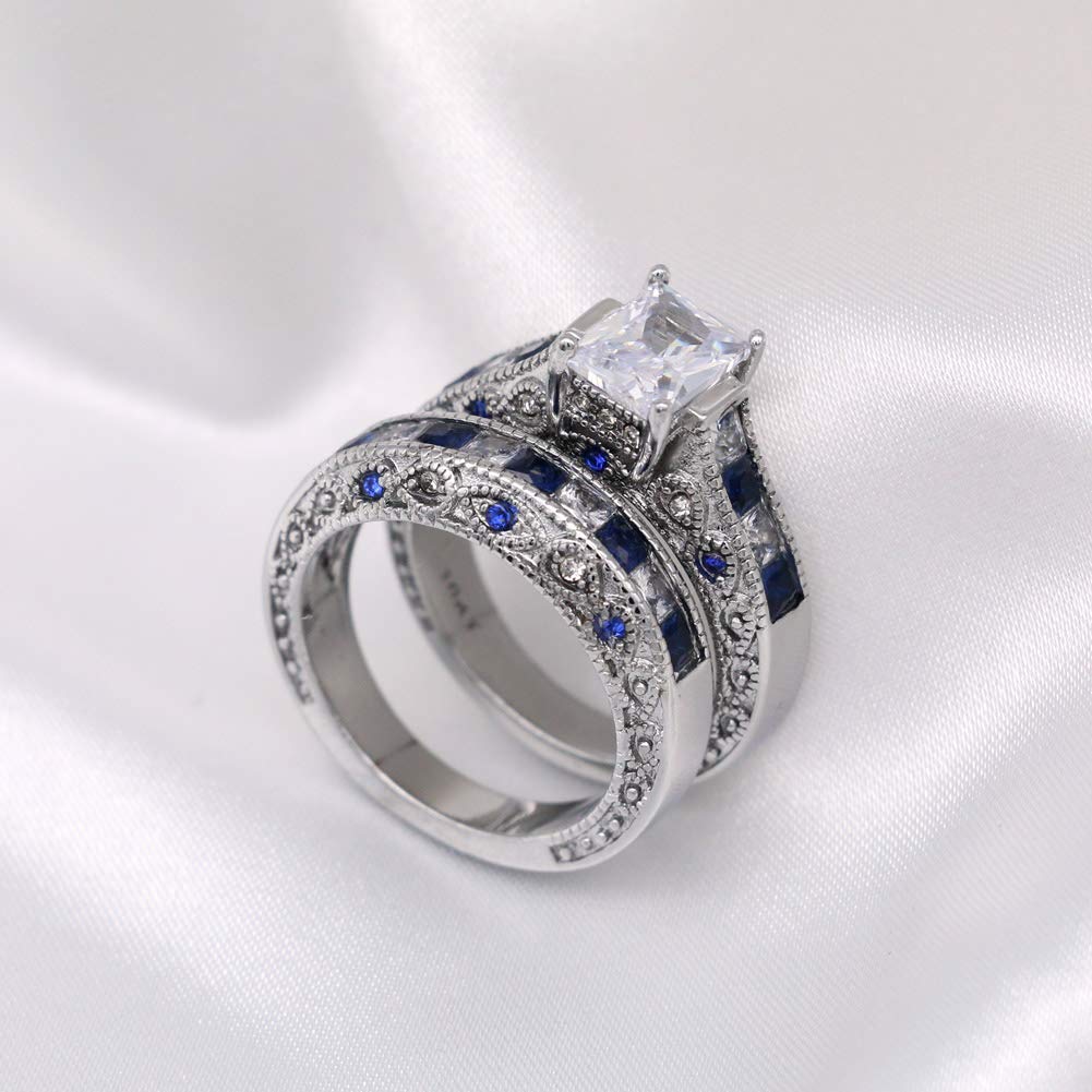 Ringcrown White Gold Plated Womens Wedding Ring Sets Cz Engagement Ring 2pcs Wedding Bands…