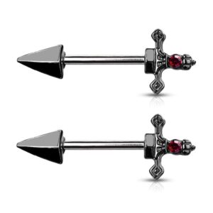 pierced owl 14ga 316l stainless steel red gem set dagger nipple barbells, sold as a pair (black)