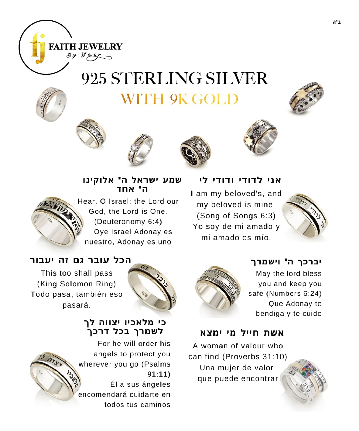 Faith Jewelry Holy Land Blessing Ring: Hebrew Statement I Am My Beloved’s Sterling Silver 925 Combined 9K Gold Wide Band, 16 Sizeb