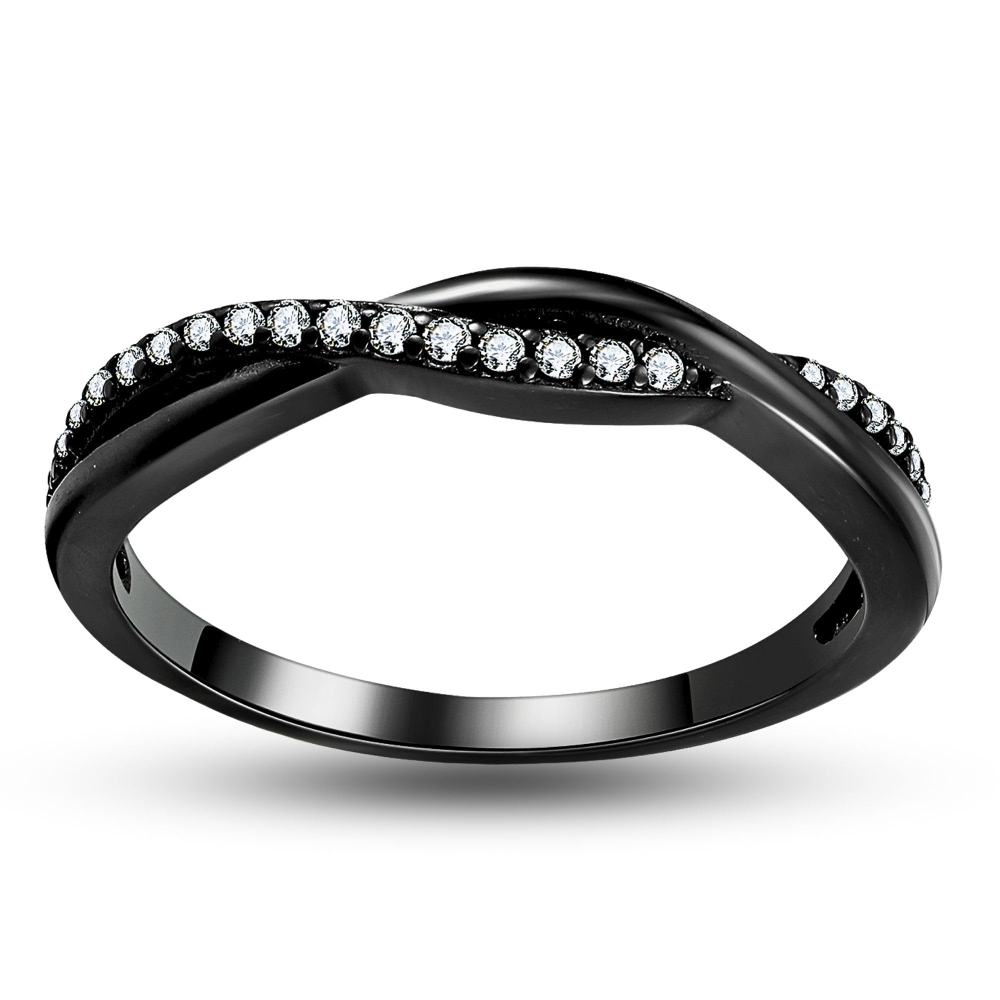 Half Eternity Twisted Wedding Band for Women by Ginger Lyne, Black 925 Sterling Silver Wedding Rings CZ Stackable Rings, Promise Ring for Her Anniversary Cubic Zirconia Engagement Rings for Women