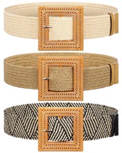 3 pieces straw woven belt elastic stretch belt boho waist belt skinny dress braided belt wooden buckle for women