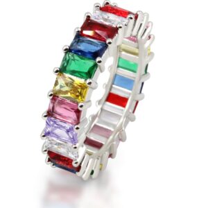 Savlano 18K White Gold Plated Cubic Zirconia Emerald Cut Multicolor Rainbow Eternity Ring Band