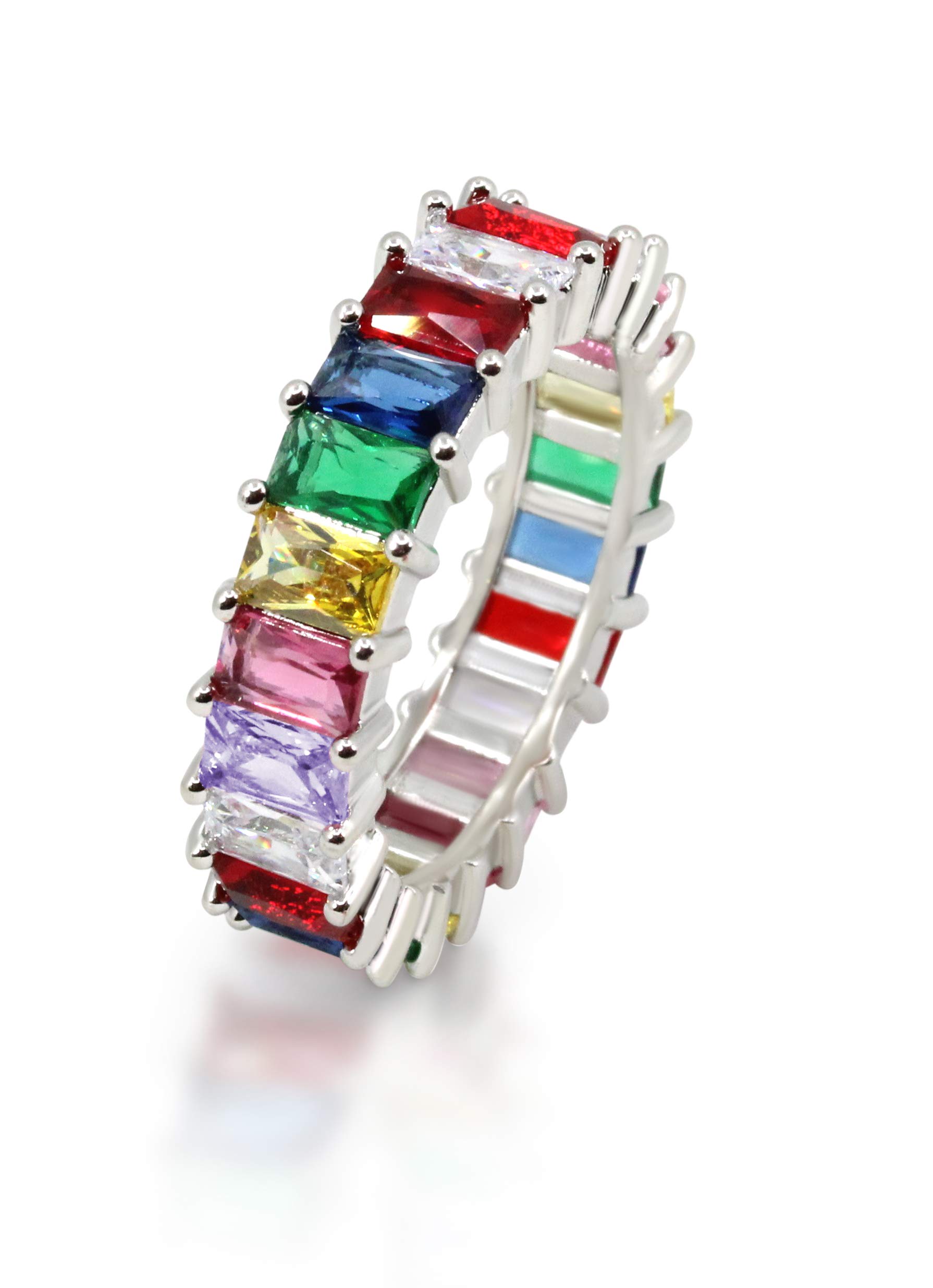 Savlano 18K White Gold Plated Cubic Zirconia Emerald Cut Multicolor Rainbow Eternity Ring Band