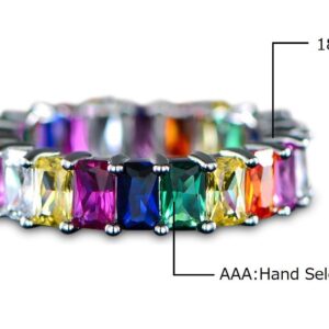 Savlano 18K White Gold Plated Cubic Zirconia Emerald Cut Multicolor Rainbow Eternity Ring Band