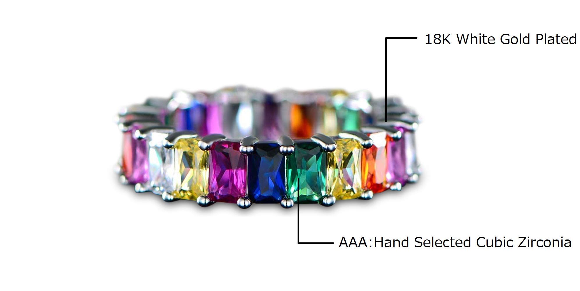 Savlano 18K White Gold Plated Cubic Zirconia Emerald Cut Multicolor Rainbow Eternity Ring Band