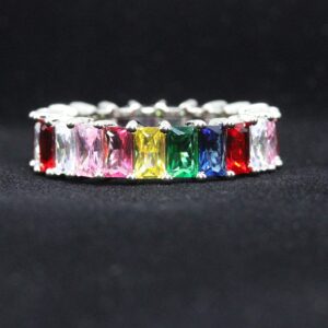 Savlano 18K White Gold Plated Cubic Zirconia Emerald Cut Multicolor Rainbow Eternity Ring Band