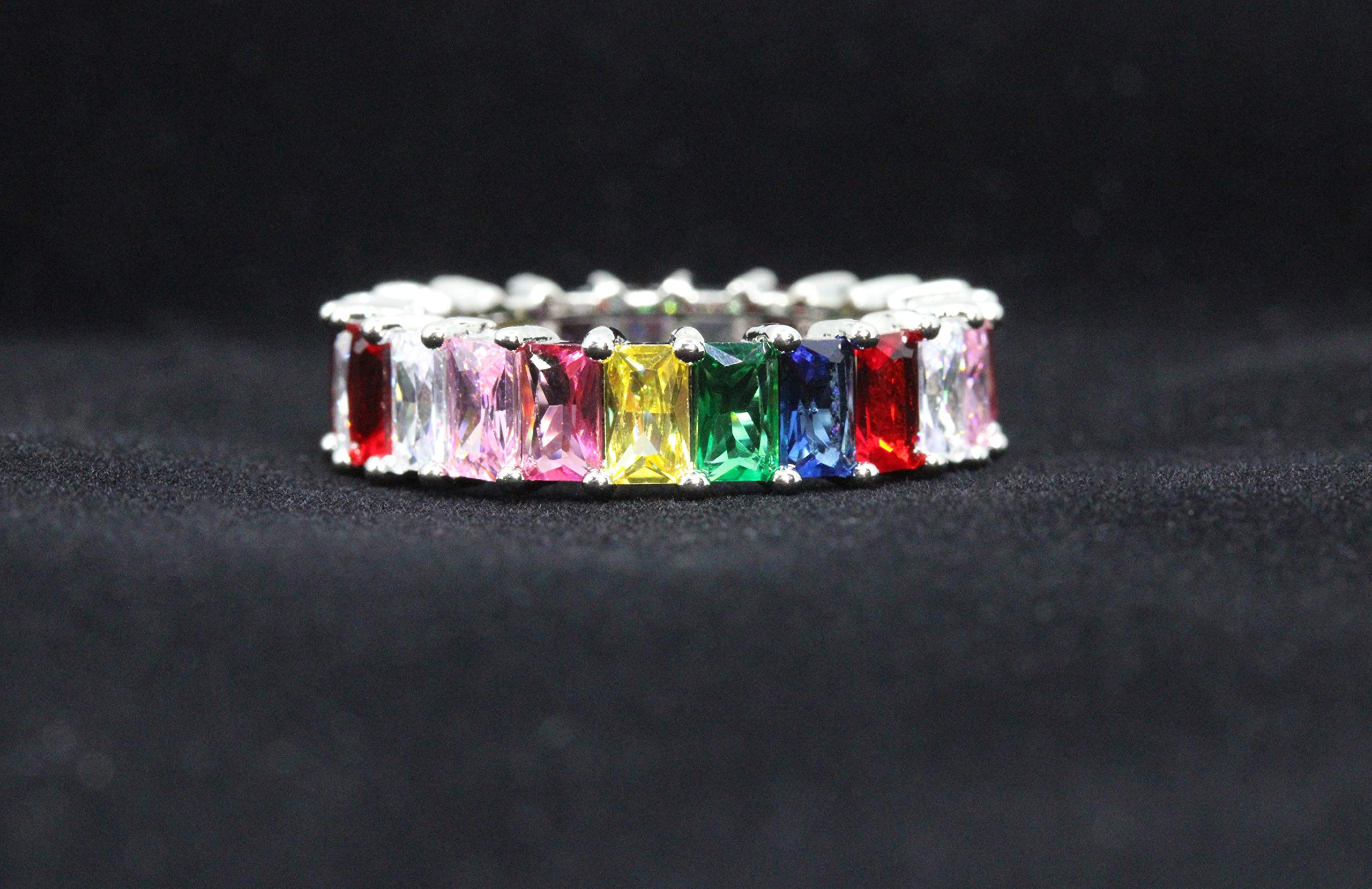 Savlano 18K White Gold Plated Cubic Zirconia Emerald Cut Multicolor Rainbow Eternity Ring Band