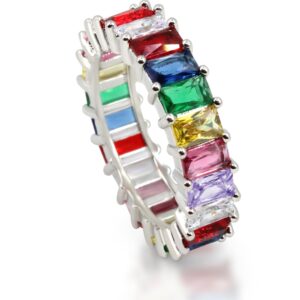 Savlano 18K White Gold Plated Cubic Zirconia Emerald Cut Multicolor Rainbow Eternity Ring Band