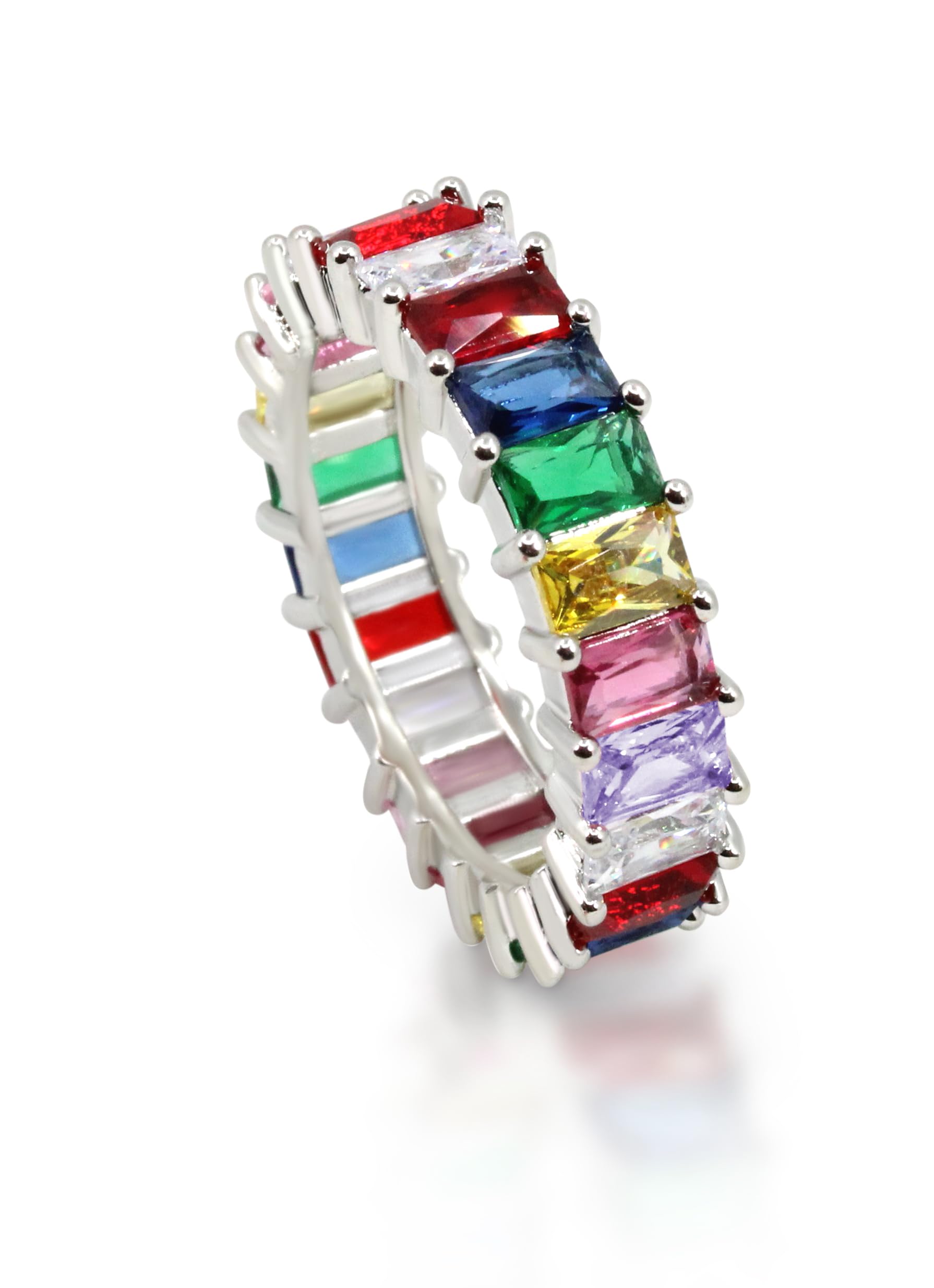 Savlano 18K White Gold Plated Cubic Zirconia Emerald Cut Multicolor Rainbow Eternity Ring Band