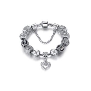 savlano silver tone heart charm bracelet with crystal and murano glass beads snake chain for women comes in a gift box