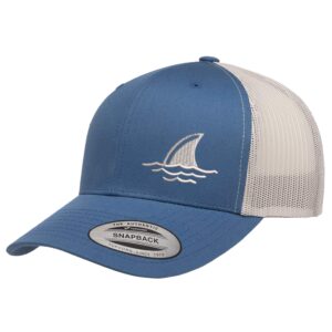 love sketches embroidered shark fin trucker snapback cap mesh back men and women (steelblue/silver-sil)