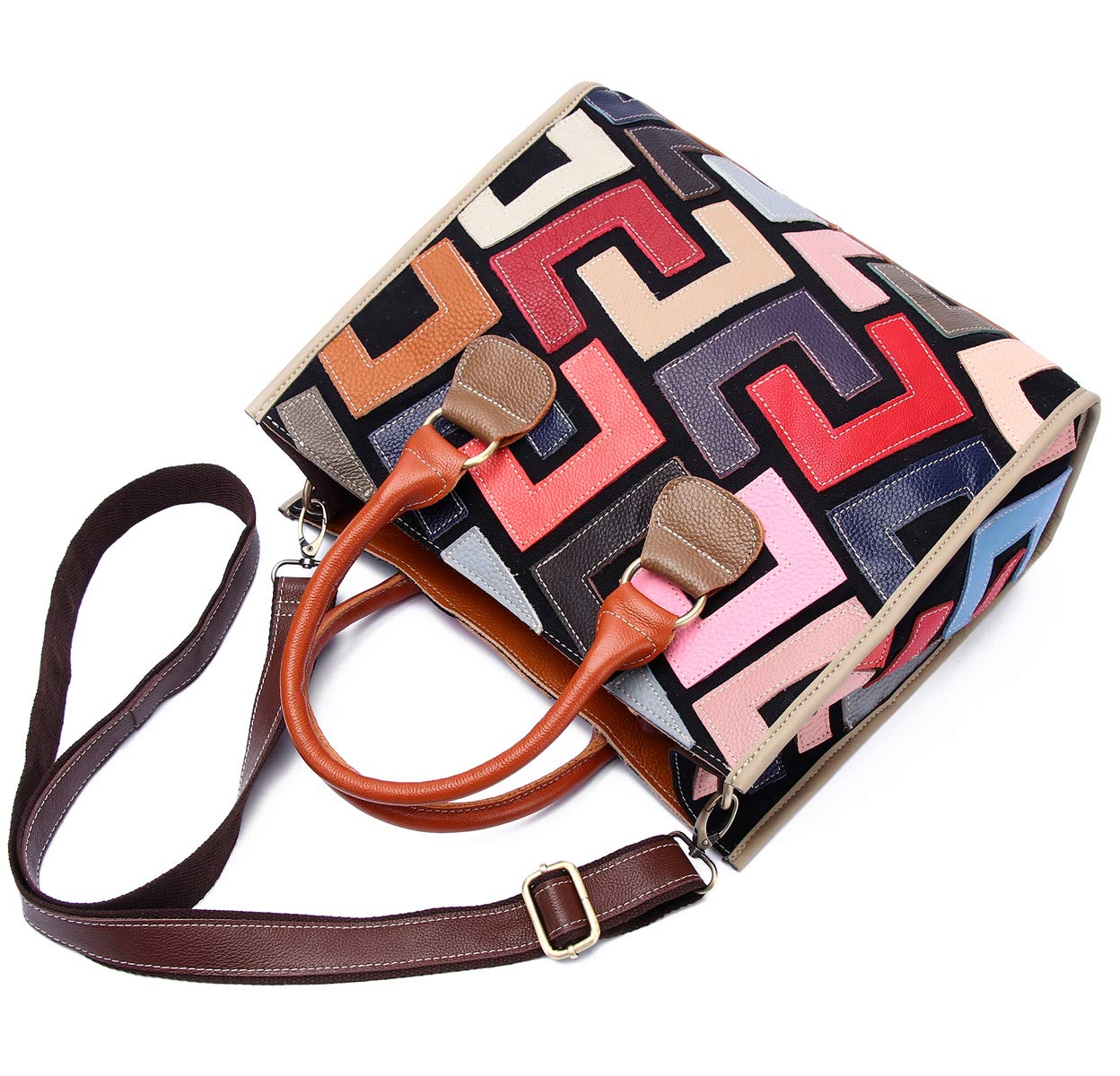 Segater® Women Multicolor Genuine Leather Tote Bag Cowhide Graffiti Print Colorful Handbag Geometric Puzzle Patchwork Purse Ladies Crossbody Bags