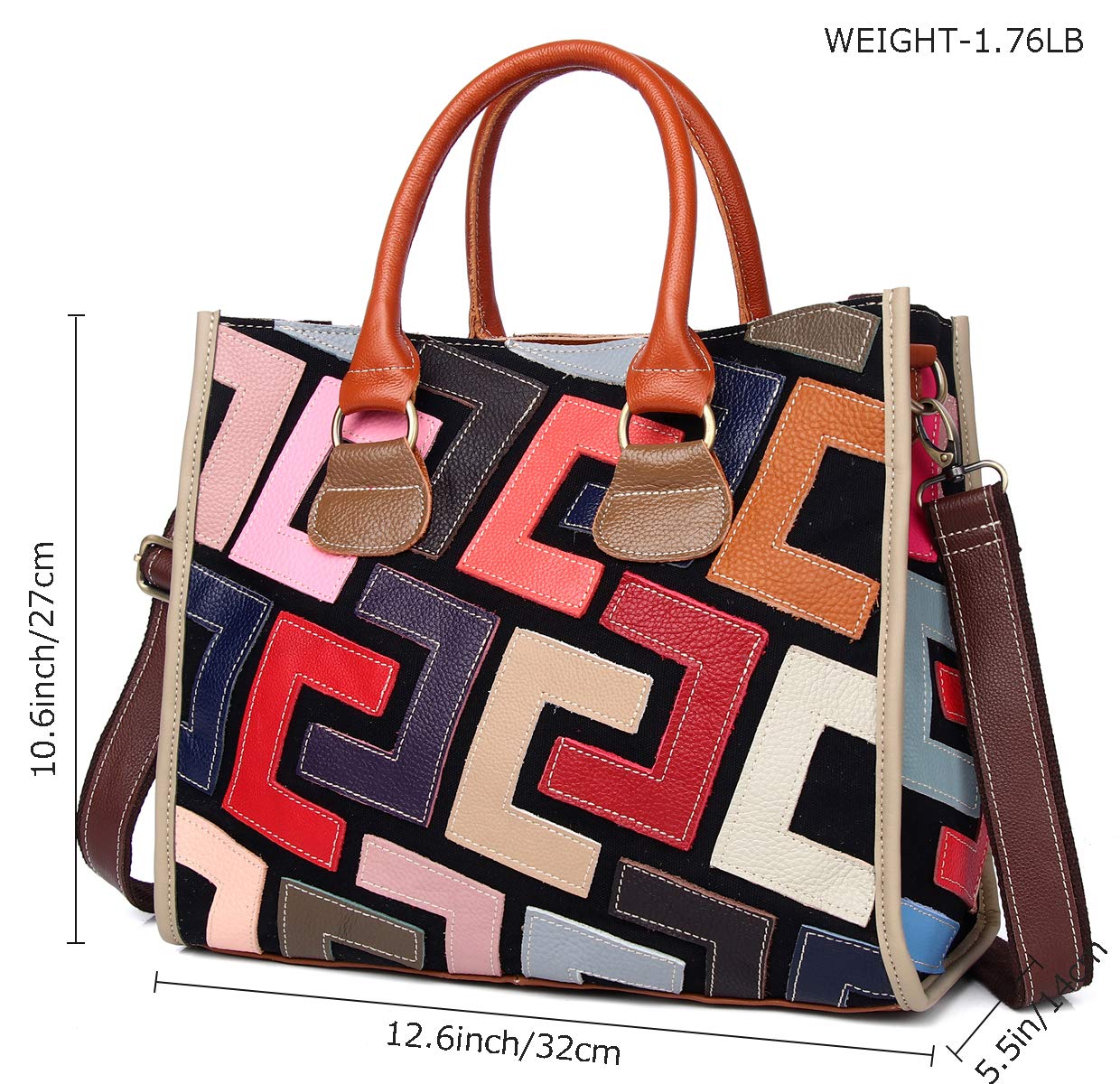 Segater® Women Multicolor Genuine Leather Tote Bag Cowhide Graffiti Print Colorful Handbag Geometric Puzzle Patchwork Purse Ladies Crossbody Bags