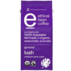 ethical bean fairtrade organic coffee, lush medium dark roast, ground coffee beans- 100% arabica coffee (8 oz bag), 0.5 pound (pack of 1)