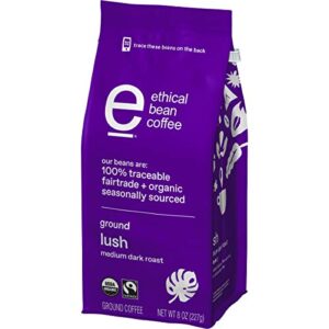 Ethical Bean Fairtrade Organic Coffee, Lush Medium Dark Roast, Ground Coffee Beans- 100% Arabica Coffee (8 oz Bag), 0.5 Pound (Pack of 1)