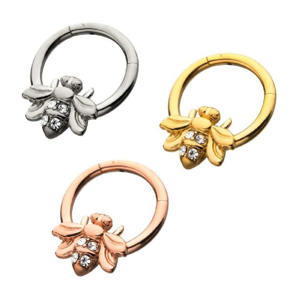 16GA Crystal Honey Bee Stainless Steel Hinged Segment Ring for Septum, Cartilage, and Daith Piercings (Rose Gold Tone)