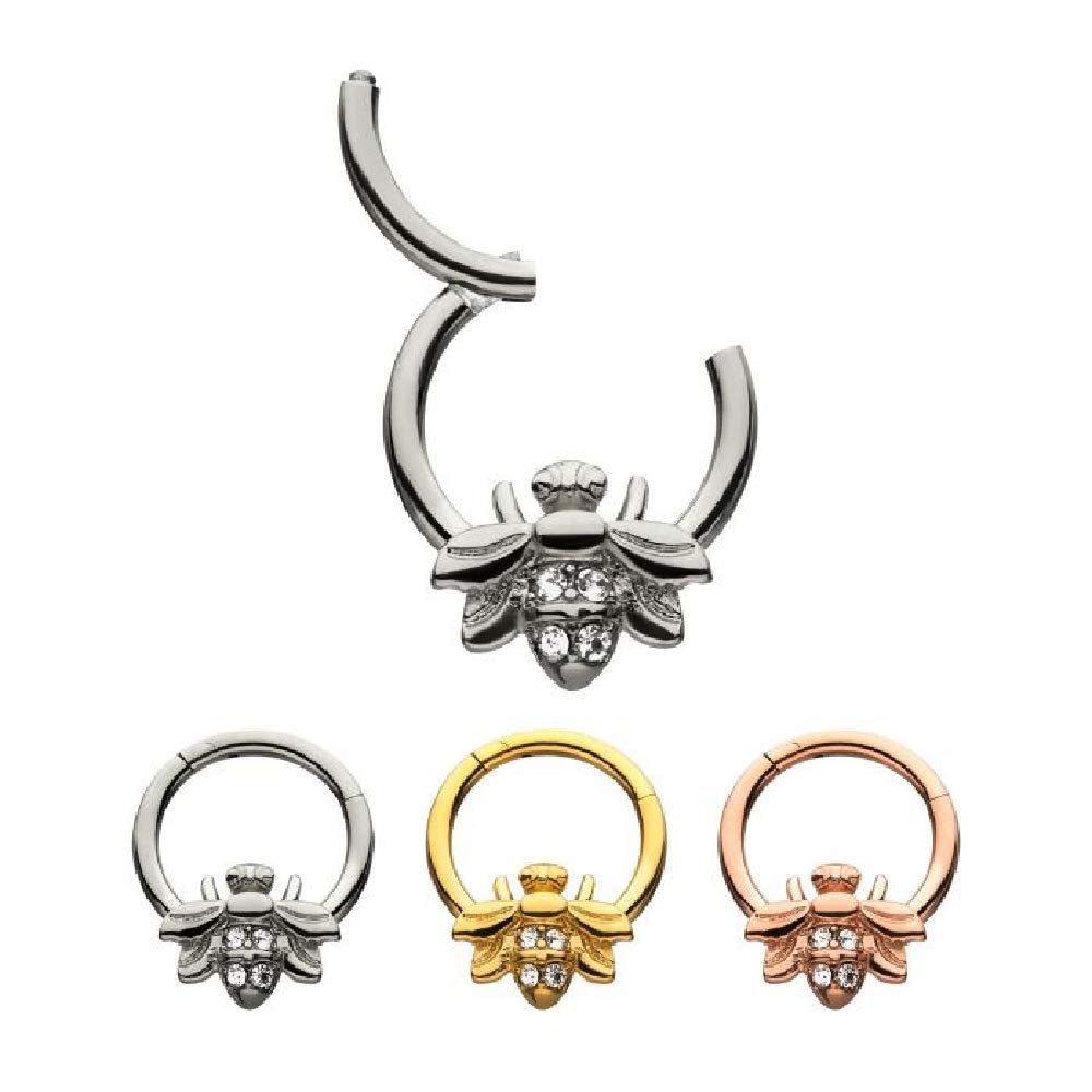 16GA Crystal Honey Bee Stainless Steel Hinged Segment Ring for Septum, Cartilage, and Daith Piercings (Rose Gold Tone)