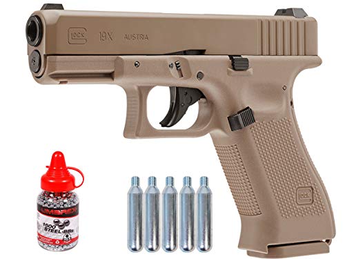 Wearable4U Glock 19X GEN5 Air Gun with 5x12 CO2 Tanks and Pack of 1500ct Steel BBS Bundle (Tan) (+CO2 +BBS)