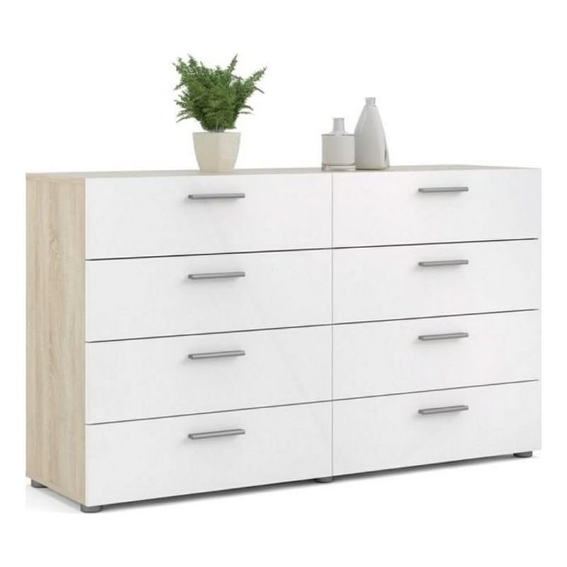 Levan Home 32" H x 55" W Contemporary Scandinavian Design Engineered Wood Double Bedroom Dresser with 8-Drawer and Silver Bar Handles, Suitable for Small Rooms, in Clean Oak/White High Gloss