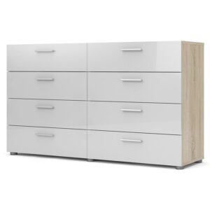 Levan Home 32" H x 55" W Contemporary Scandinavian Design Engineered Wood Double Bedroom Dresser with 8-Drawer and Silver Bar Handles, Suitable for Small Rooms, in Clean Oak/White High Gloss