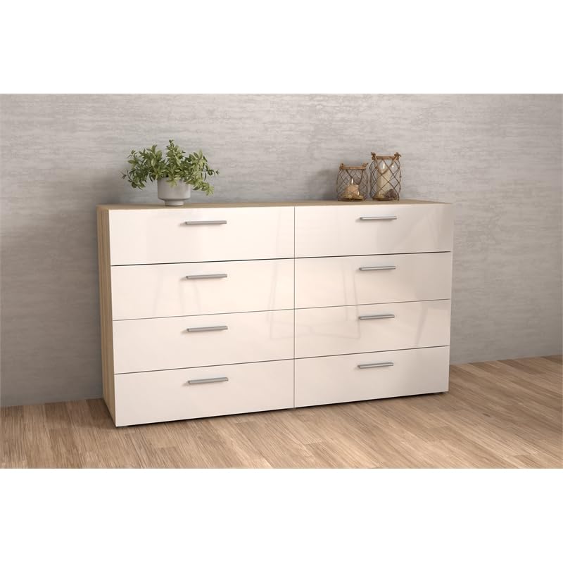 Levan Home 32" H x 55" W Contemporary Scandinavian Design Engineered Wood Double Bedroom Dresser with 8-Drawer and Silver Bar Handles, Suitable for Small Rooms, in Clean Oak/White High Gloss