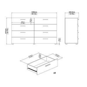 Levan Home 32" H x 55" W Contemporary Scandinavian Design Engineered Wood Double Bedroom Dresser with 8-Drawer and Silver Bar Handles, Suitable for Small Rooms, in Clean Oak/White High Gloss