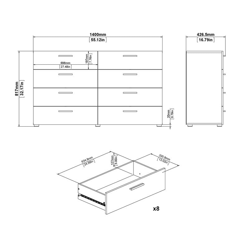 Levan Home 32" H x 55" W Contemporary Scandinavian Design Engineered Wood Double Bedroom Dresser with 8-Drawer and Silver Bar Handles, Suitable for Small Rooms, in Clean Oak/White High Gloss