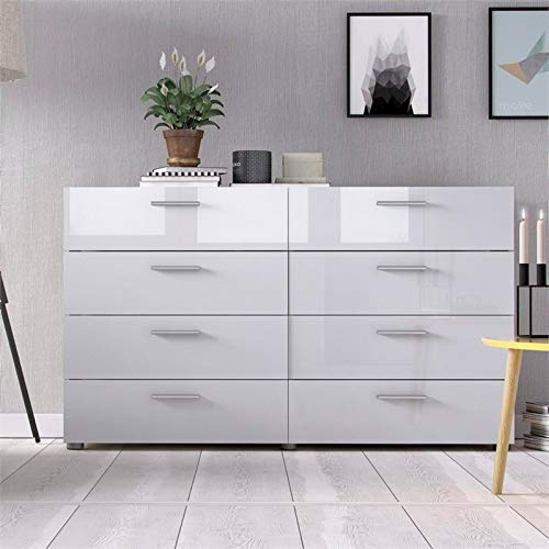 Levan Home 32" H x 55" W Contemporary Scandinavian Design Engineered Wood Double Bedroom Dresser with 8-Drawer and Silver Bar Handles, Suitable for Small Rooms, in Clean Oak/White High Gloss