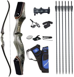 60'' archery recurve bow takedown bow hunting bow and arrow set adult target practice competition survival longbow right hand 30-50lbs with 6pcs fiberglass arrows (35lbs)