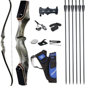 60'' Archery Recurve Bow Takedown Bow Hunting Bow and Arrow Set Adult Target Practice Competition Survival Longbow Right Hand 30-50lbs with 6pcs Fiberglass Arrows (35lbs)