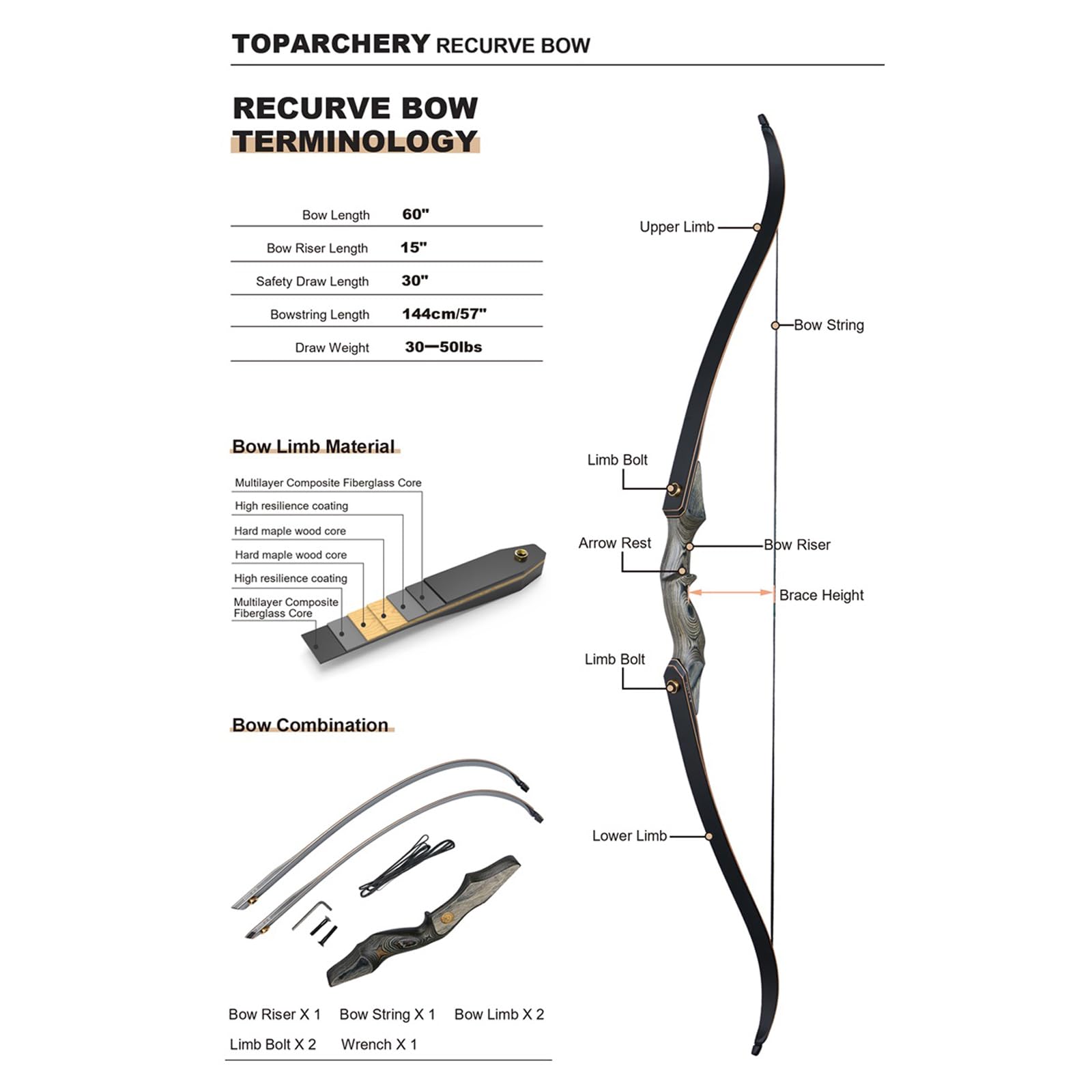 60'' Archery Recurve Bow Takedown Bow Hunting Bow and Arrow Set Adult Target Practice Competition Survival Longbow Right Hand 30-50lbs with 6pcs Fiberglass Arrows (35lbs)