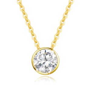 fancime 14k solid yellow gold 1 carat 6.5mm moissanite classic bezel set solitaire gemstone pendant necklace for women girls, gold chain 16 + 2 inch extender