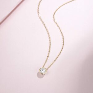 FANCIME 14k Solid Yellow Gold 1 Carat 6.5mm Moissanite Classic Bezel Set Solitaire Gemstone Pendant Necklace for Women Girls, Gold Chain 16 + 2 inch Extender