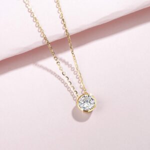 FANCIME 14k Solid Yellow Gold 1 Carat 6.5mm Moissanite Classic Bezel Set Solitaire Gemstone Pendant Necklace for Women Girls, Gold Chain 16 + 2 inch Extender