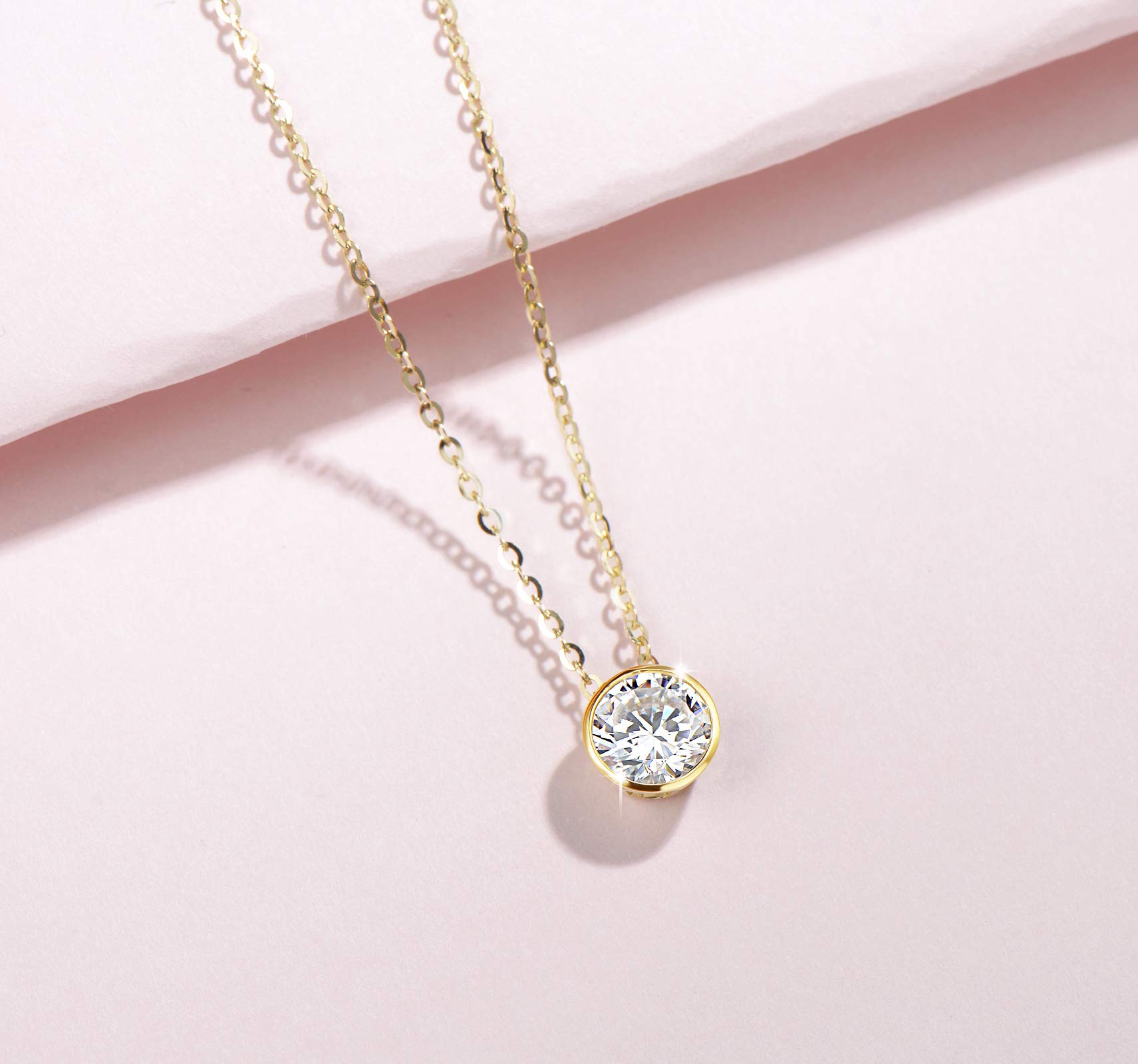 FANCIME 14k Solid Yellow Gold 1 Carat 6.5mm Moissanite Classic Bezel Set Solitaire Gemstone Pendant Necklace for Women Girls, Gold Chain 16 + 2 inch Extender