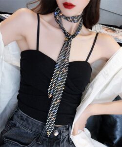 aimimier bohemian long rhinestone necklace black tie with sparkling crystal punk body waist chain for women and girls