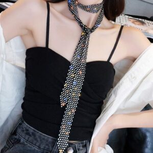 Aimimier Bohemian Long Rhinestone Necklace Black Tie with Sparkling Crystal Punk Body Waist Chain for Women and Girls