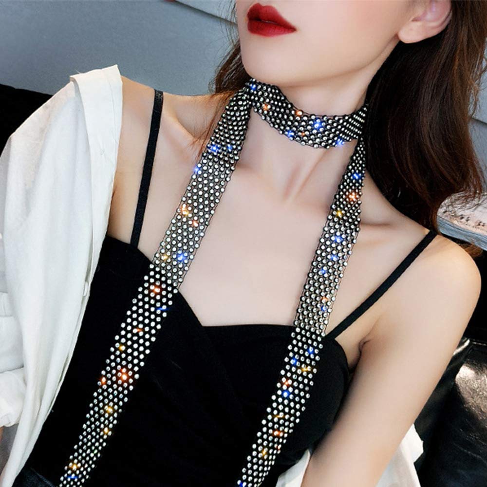 Aimimier Bohemian Long Rhinestone Necklace Black Tie with Sparkling Crystal Punk Body Waist Chain for Women and Girls