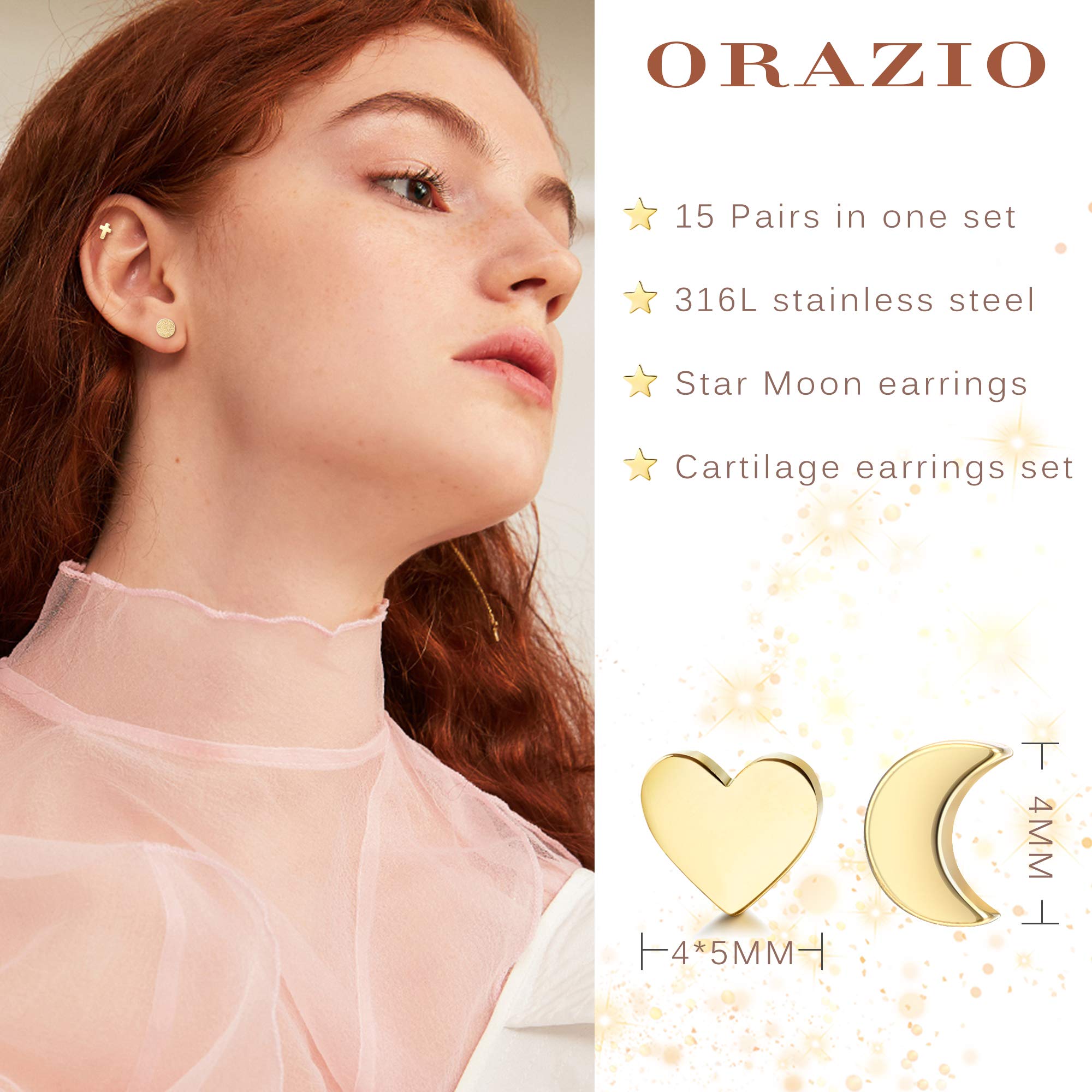 ORAZIO 15 Pairs Tiny Cartilage Stud Earrings Star Moon Circle Bar Heart Trague Stud Earrings Set for Women Flat Back Cross CZ Earrings Stainless Steel Ear Piercing Set