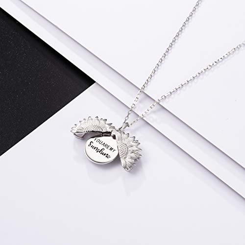 Jinlou You are My Sunshine Stamped Sunflower necklace Locket 925 Sterling Silver Pendant Necklace for Women Teen (silver Sunflower necklace)