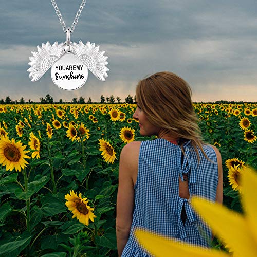 Jinlou You are My Sunshine Stamped Sunflower necklace Locket 925 Sterling Silver Pendant Necklace for Women Teen (silver Sunflower necklace)