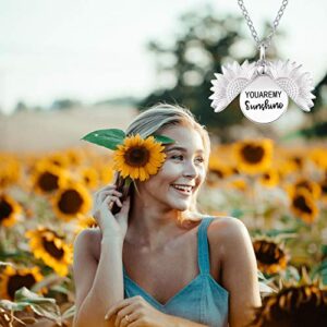 Jinlou You are My Sunshine Stamped Sunflower necklace Locket 925 Sterling Silver Pendant Necklace for Women Teen (silver Sunflower necklace)