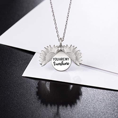 Jinlou You are My Sunshine Stamped Sunflower necklace Locket 925 Sterling Silver Pendant Necklace for Women Teen (silver Sunflower necklace)