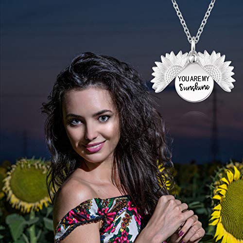 Jinlou You are My Sunshine Stamped Sunflower necklace Locket 925 Sterling Silver Pendant Necklace for Women Teen (silver Sunflower necklace)