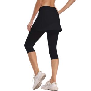 ibeauti womens upf 50+ yoga skirted capri leggings golf tennis pants with skirt for running workout active (black, x-large)